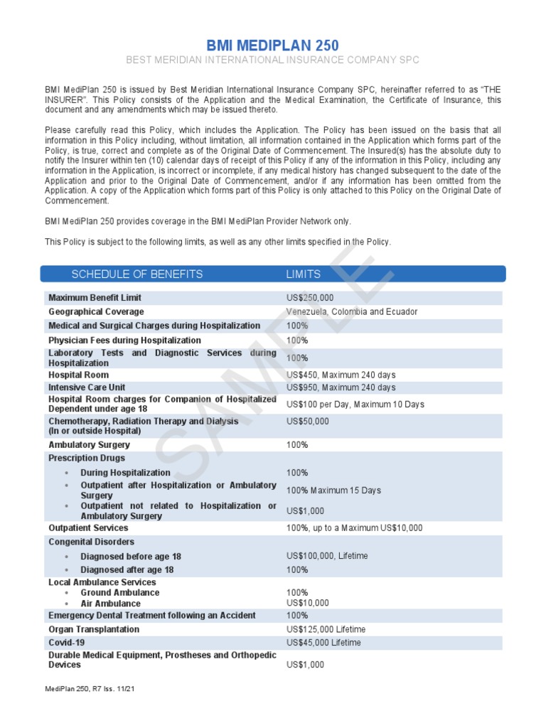 BMI - MediPlan - 250 - R7 - 11 - 1 - 21 - 1 Contrato | PDF | Insurance ...