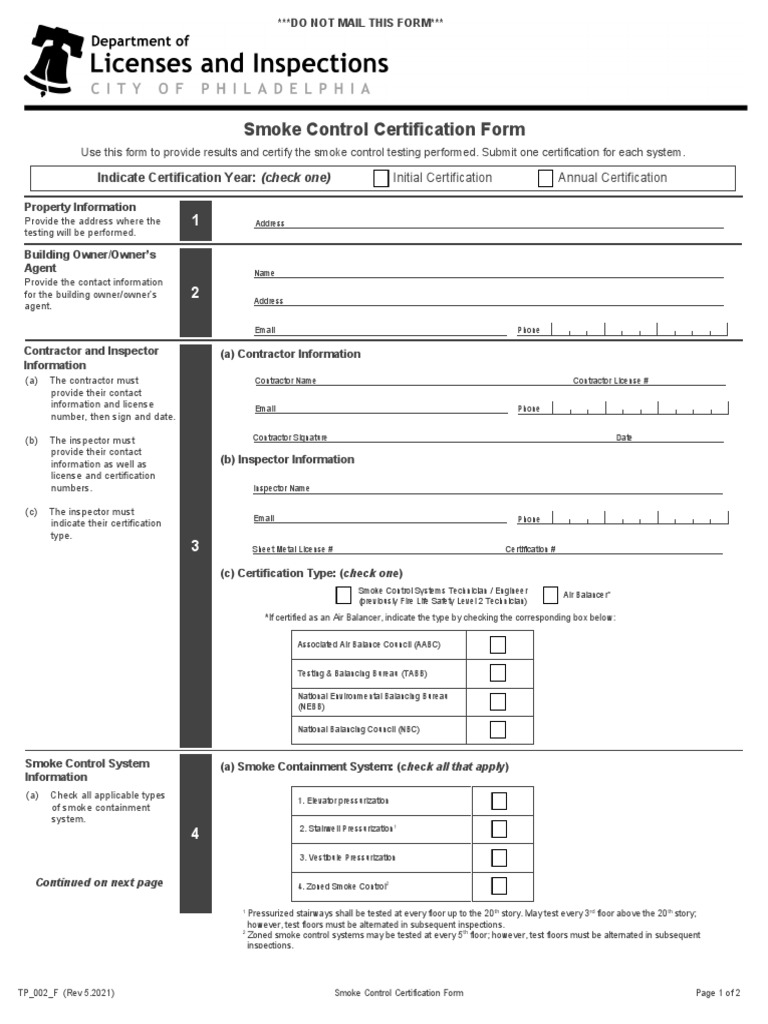 Smoke Control Certification Form: Indicate Certification Year: (Check ...