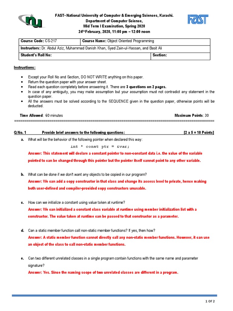 Oop Mid I Spring 2020 Solution Pdf Method Computer Programming Pointer Computer