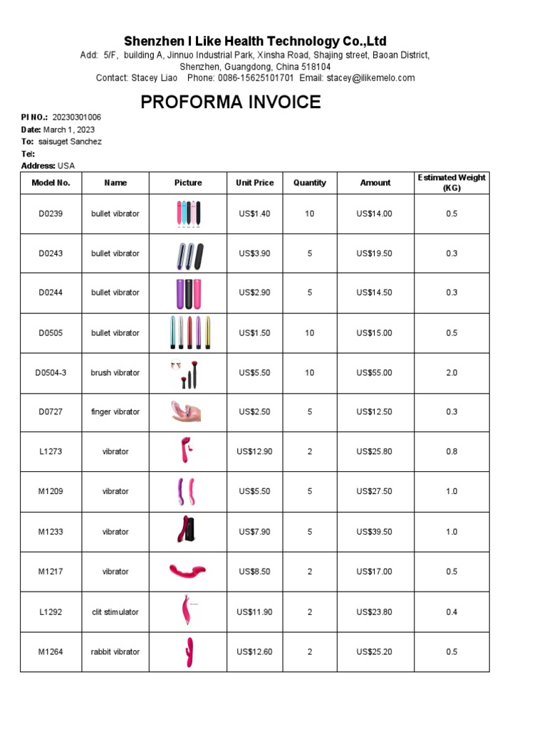 Proforma Invoice For Vibrators And Accessories Pdf Sex Industry 6763