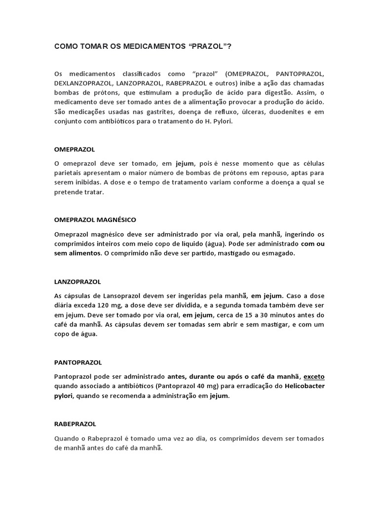 Como Tomar Os Medicamentos PRAZOL | PDF | Medicina Clínica | Drogas