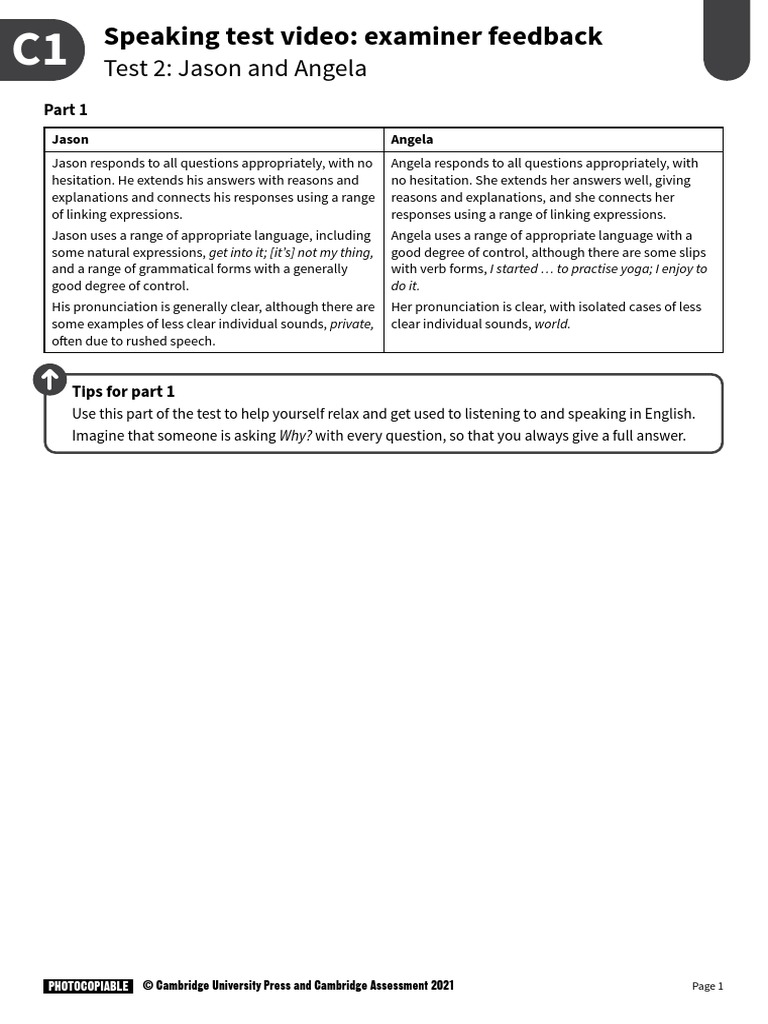 C1 Advanced Speaking Worksheet 2 Examiner Feedback | PDF | Question ...