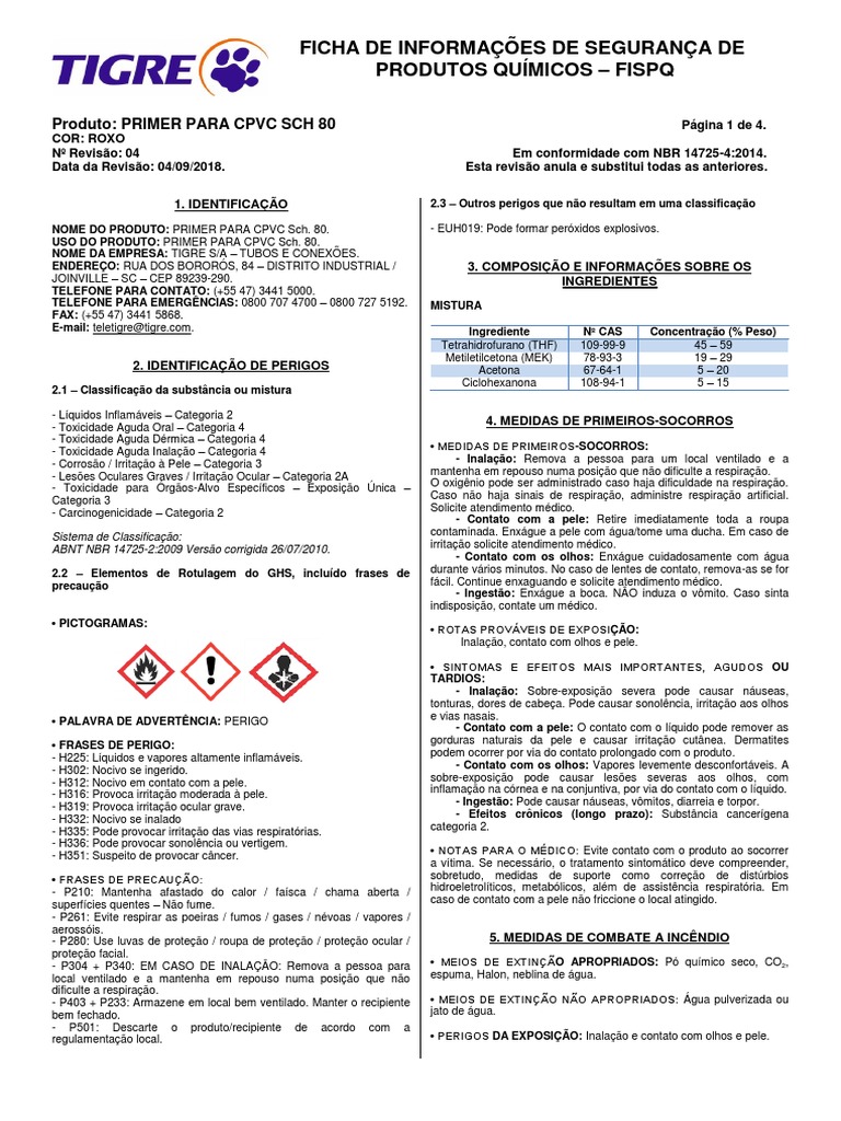 Ficha Segurança Primer CPVC | PDF | Solvente | Química