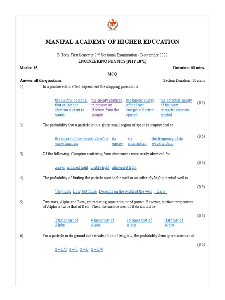 B.Tech Engineering Physics Exam 2022 | PDF