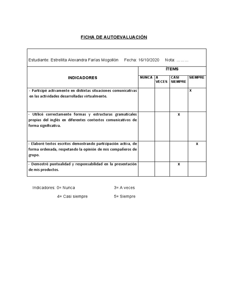 Ficha de Autoevaluación | PDF | Estudios de idiomas extranjeros