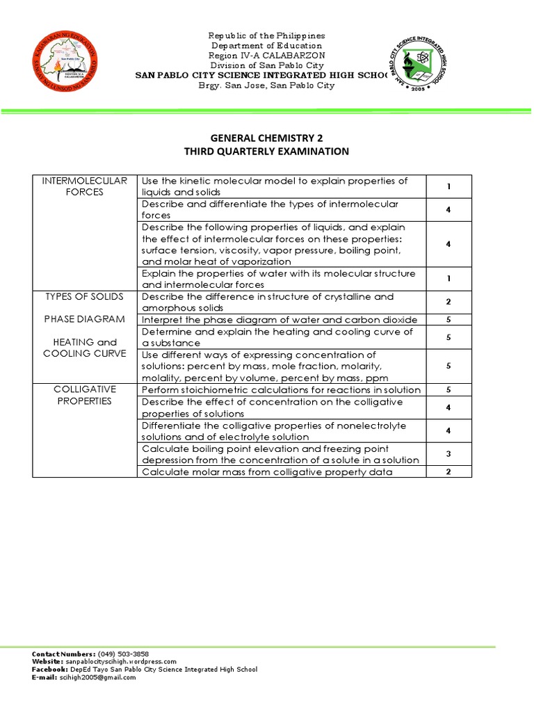 General Chemistry 2 Third Quarterly Examination: San Pablo City Science ...