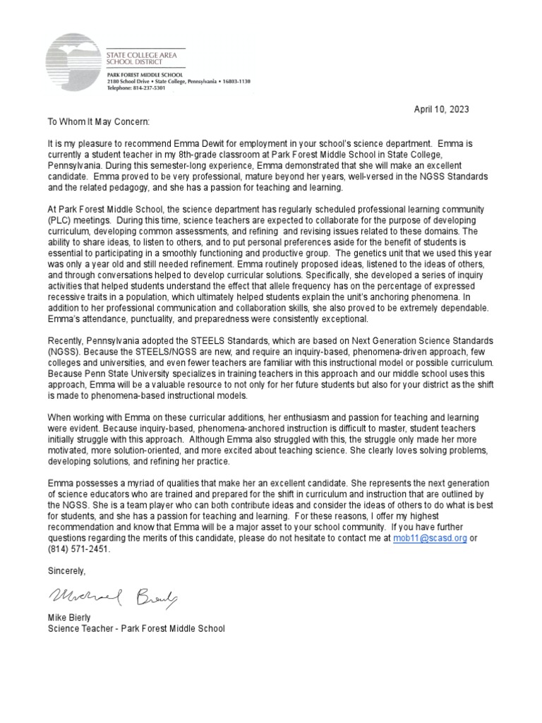 Emma Dewit Letter of Recommendation - Mike Bierly | PDF | Teachers ...