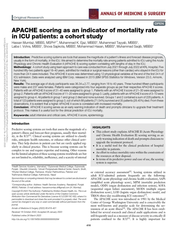 APACHE Scoring As An Indicator of Mortality Rate.9 | PDF | Intensive ...