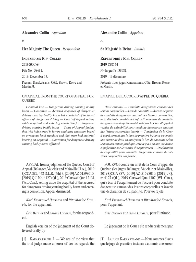 Alexandre Collin Appelant Alexandre Collin Appellant: Répertorié: R. C. Collin Indexed As: R. v ...
