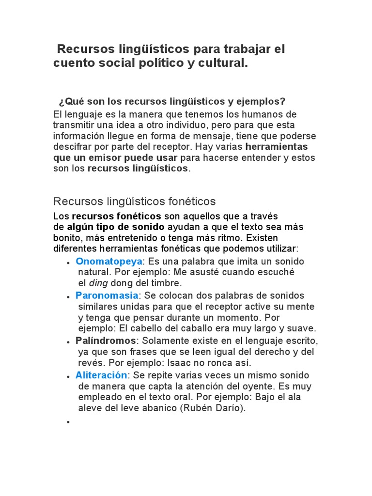 Recursos Lingüísticos para Trabajar El Cuento Social Político y ...