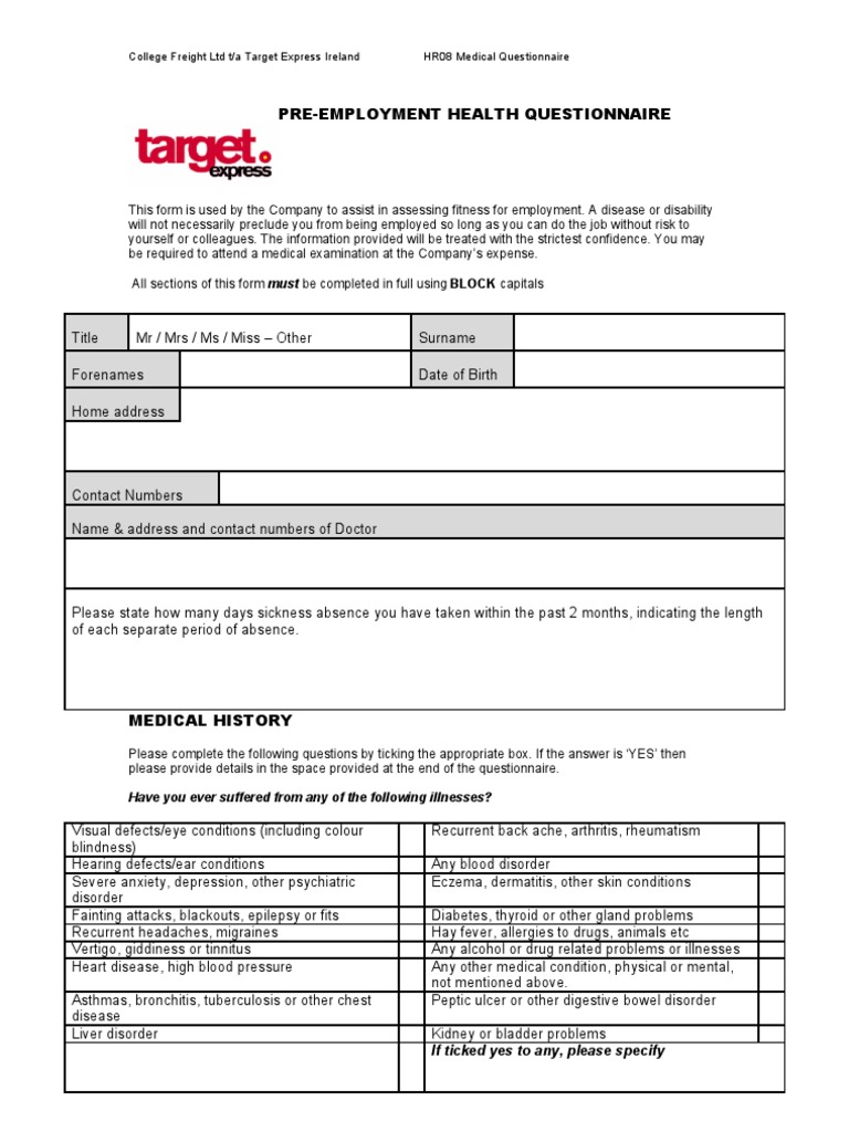 Pre-Employment Health Questionnaire | PDF | Disability | Dermatitis