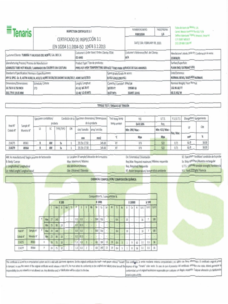 T, LF,, I I: Certificado de Inspección 3.1 (EN 10204 3.1:2004-150 10474 3.1:2013 | PDF