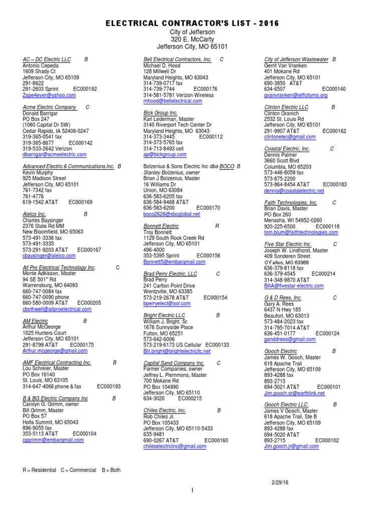 2016 Electrical Contractors List | PDF | Companies | Telecommunications