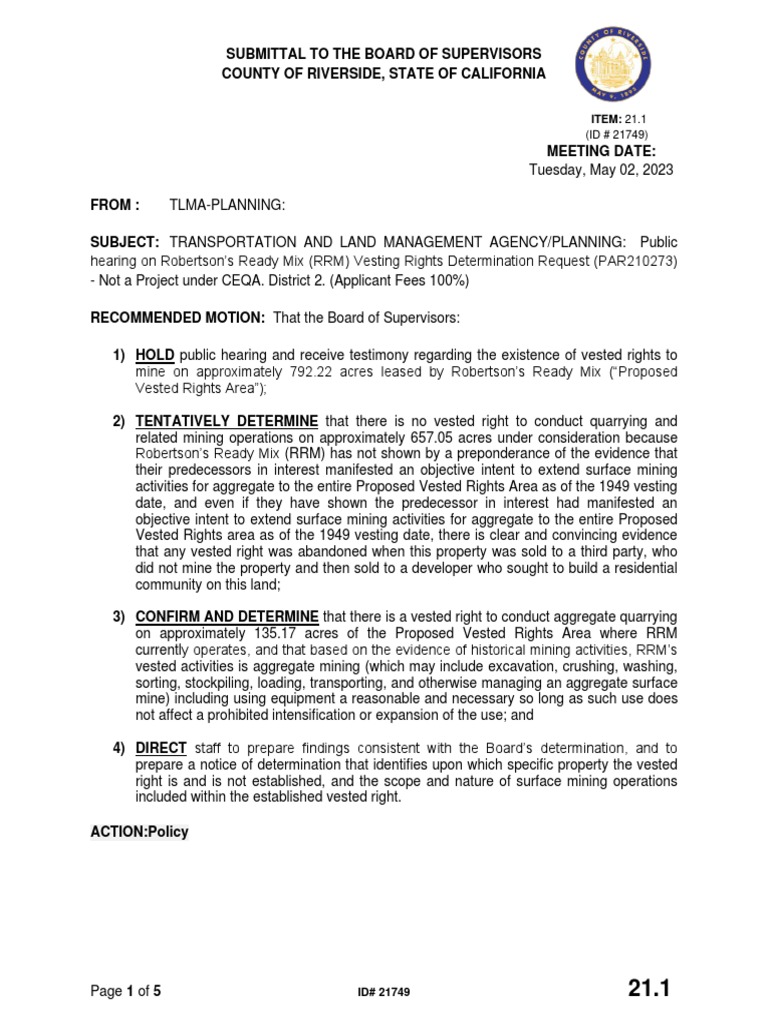 Riverside County Staff Memo To Supervisors On Robertson's Ready Mix's ...
