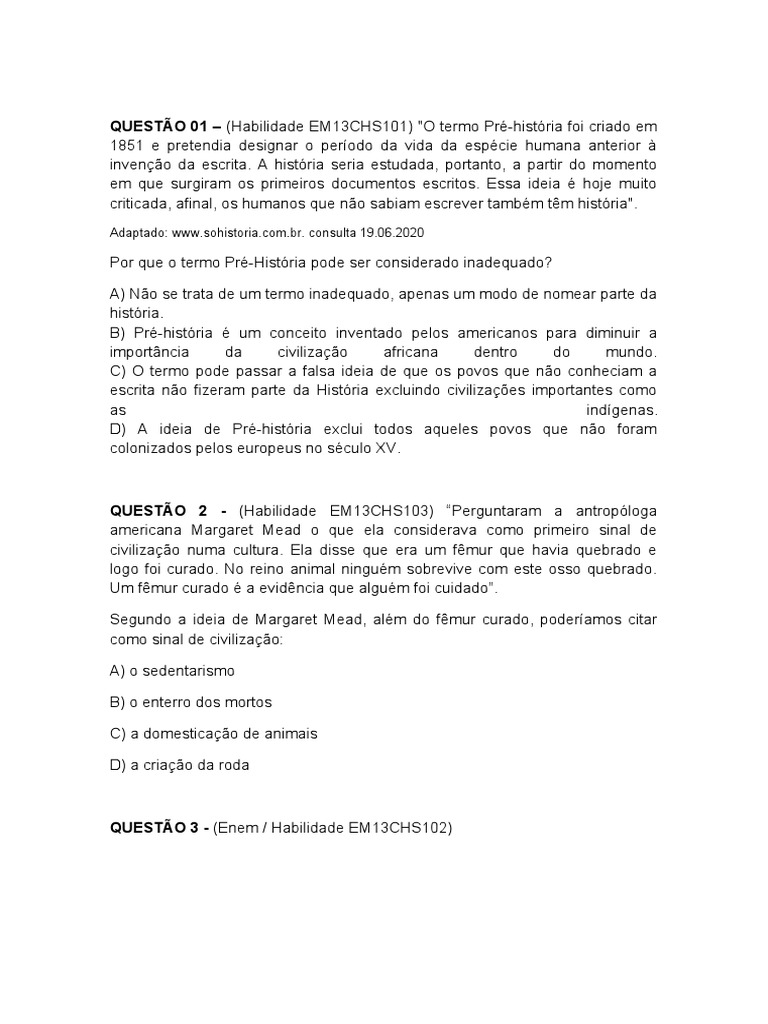 Prova 1ano Hist 1bim - Tipo 3 | PDF | Neolítico | Mesopotâmia