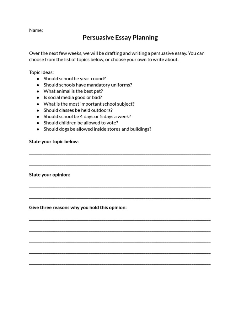 Persuasive Essay Planning Handout | PDF