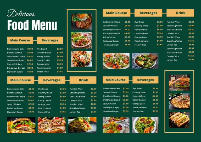 Green and Yellow Modern Delicious Food Menu Landscape | PDF