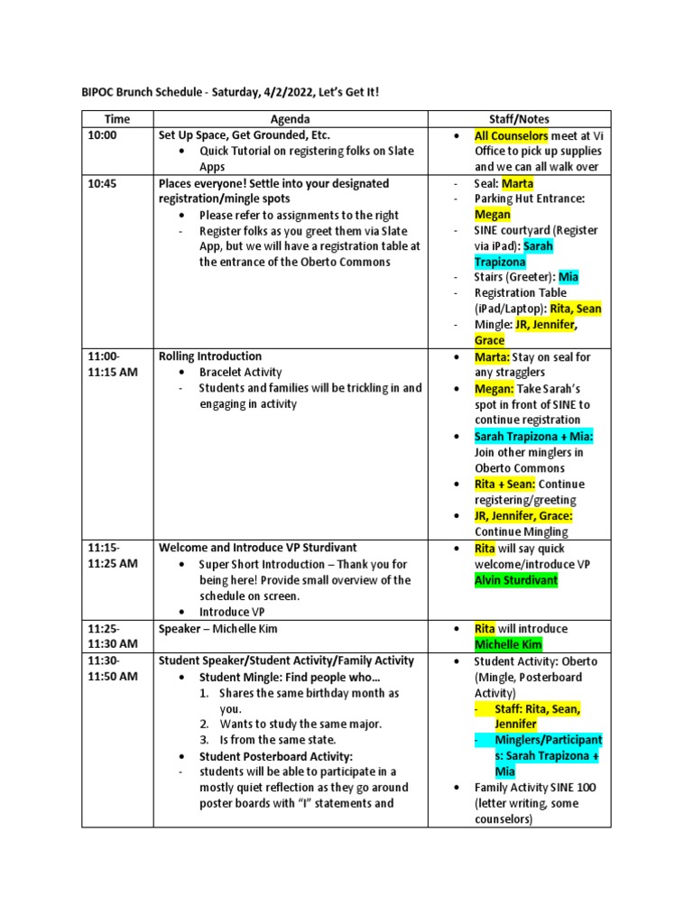 Bipoc Brunch 2022 Schedule | PDF
