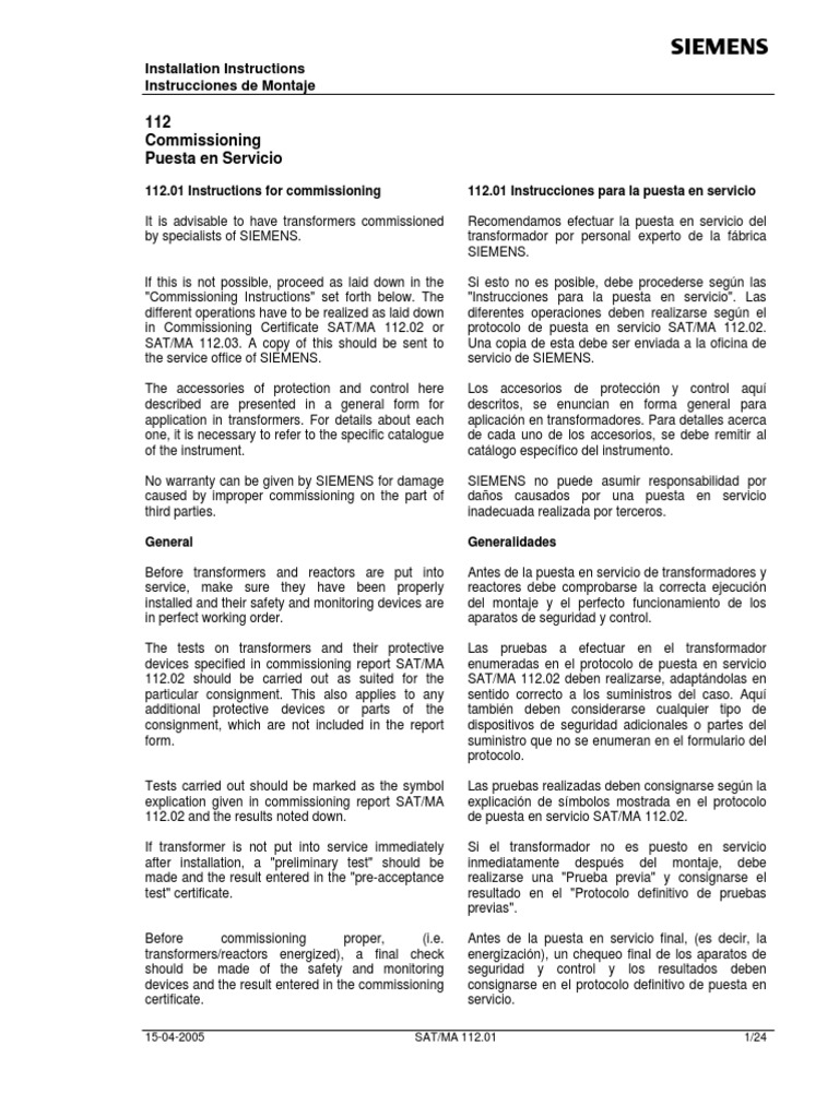 112 Commissioning Puesta en Servicio: Installation Instructions ...