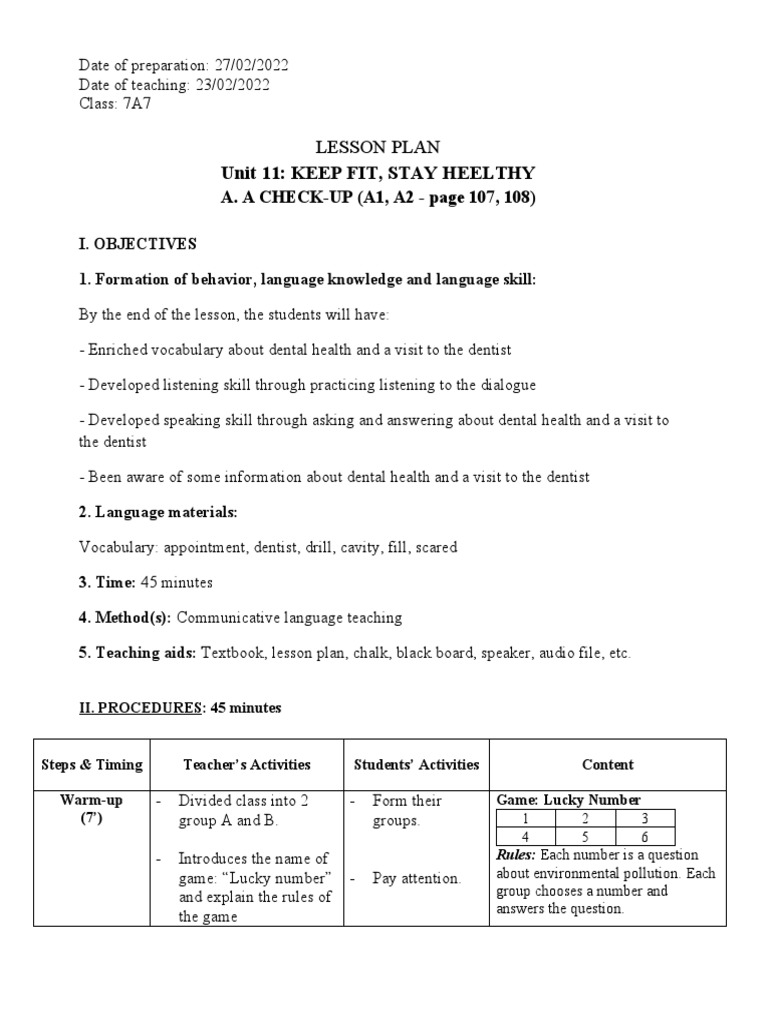 Lesson Plan: Dental Health for 7A7 | PDF | Dentist | Lesson Plan