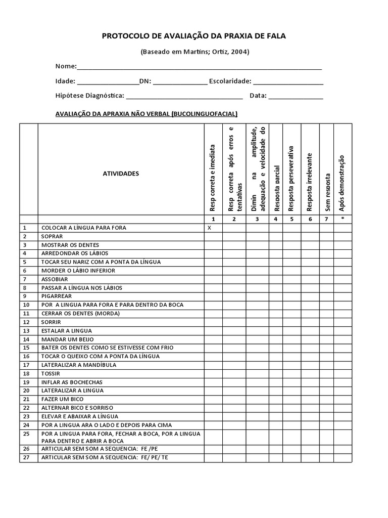 Protocolo de Avaliação Da Praxia de Fala | PDF