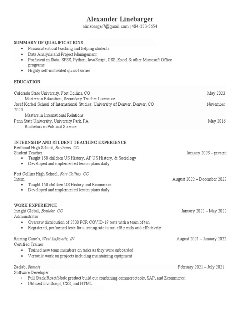 Alexander Linebarger Resume T | PDF | Career & Growth