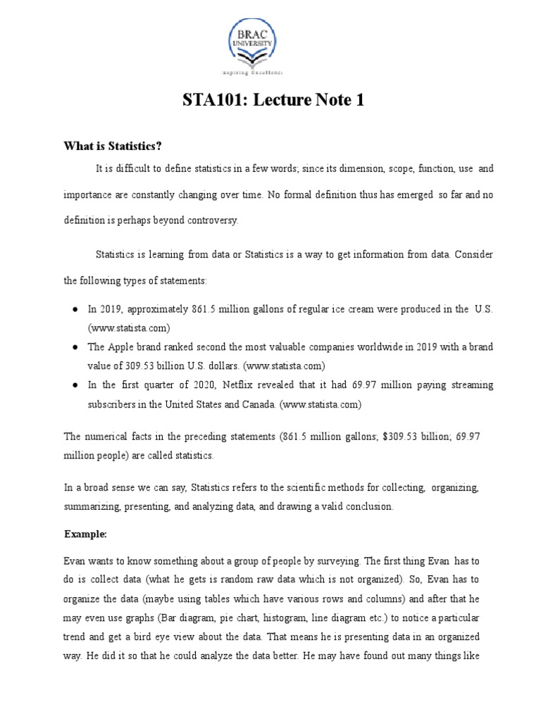 STA101 - Lecture Note 1 | PDF | Statistics | Methodology