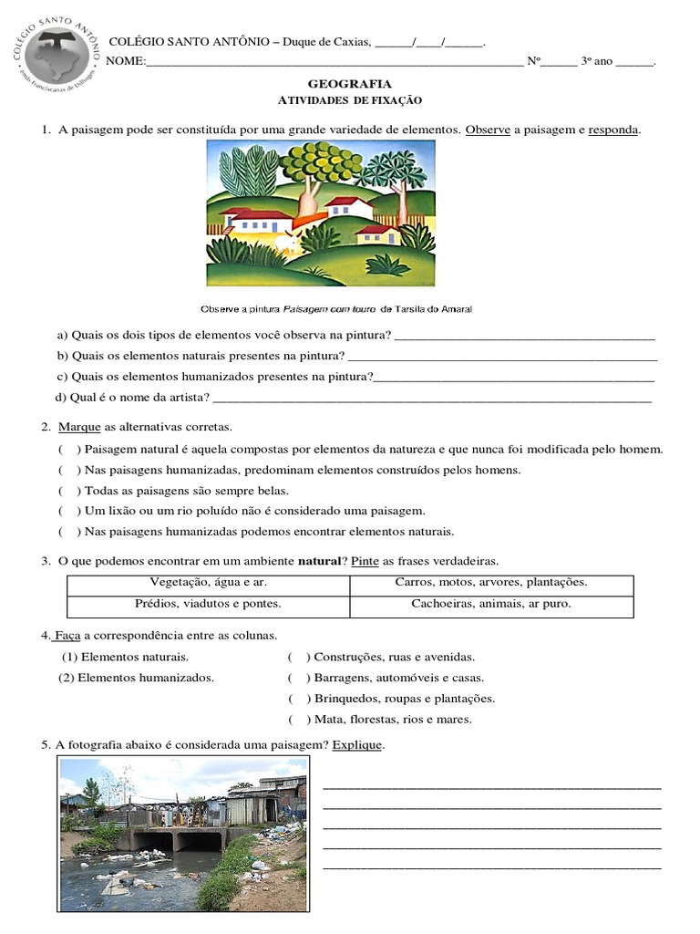 Atividade de Geografia 3°ano | PDF | Paisagem | Natureza