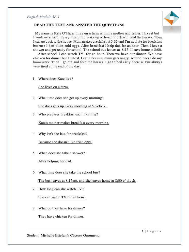 Daily Life of a Farm Girl: Kate's Routine | PDF