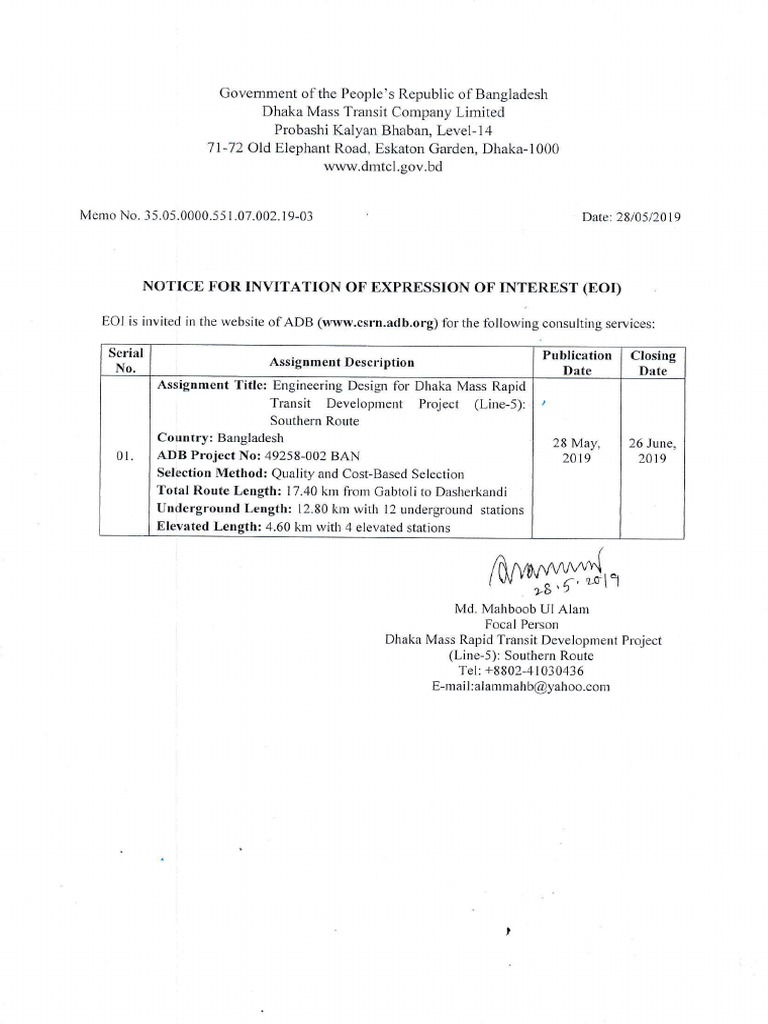 Dhaka Metro Line-5 Design EOI Notice | PDF