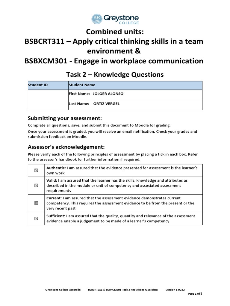 BSBCRT311 BSBXCM301 Task 2 Knowledge Questions V1.0122 | PDF | Intellectual Property | Communication