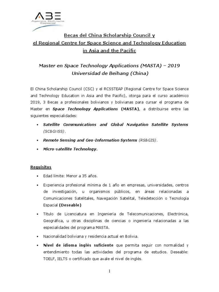 Becas MASTA 2019 para bolivianos en China | PDF