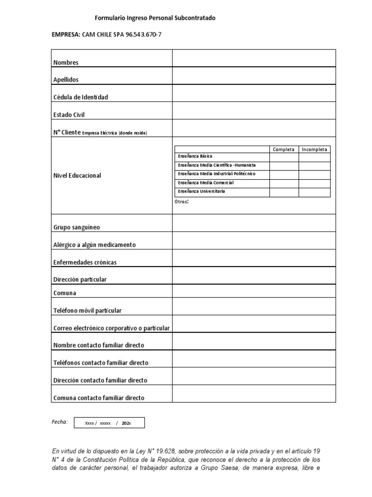 Formulario Ingreso de Personal. | PDF | Chile