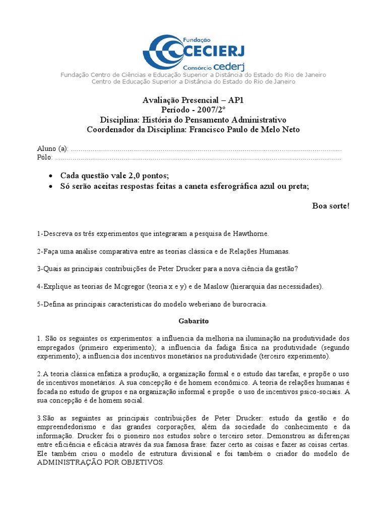AP1 de Hist Ria Do Pensamento Administrativo - Gabarito | PDF