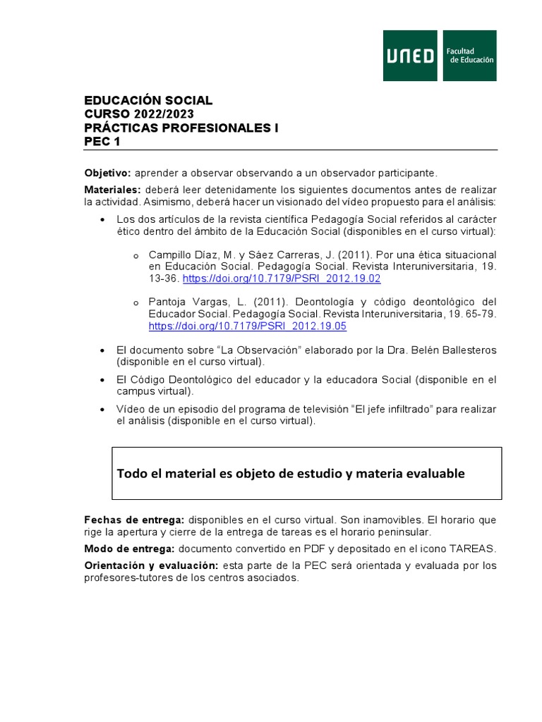 Enunciado ED SOCIAL de La PEC1 2022 2023 | PDF