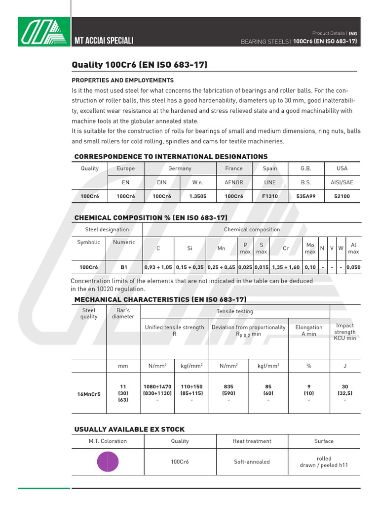 MT Acciai Speciali: Quality 100Cr6 (EN ISO 683-17) | PDF | Steel | Metalworking
