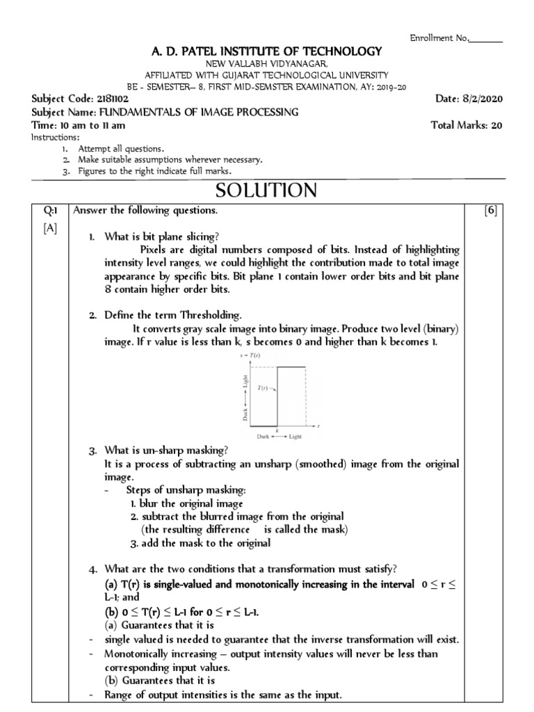 Mid1 Questionpaper SOLUTION | PDF | Bit | Imaging