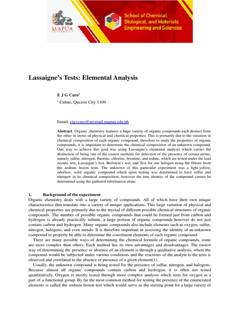 Lassaigne'S Tests: Elemental Analysis: Ejgcaro | PDF | Chemical ...