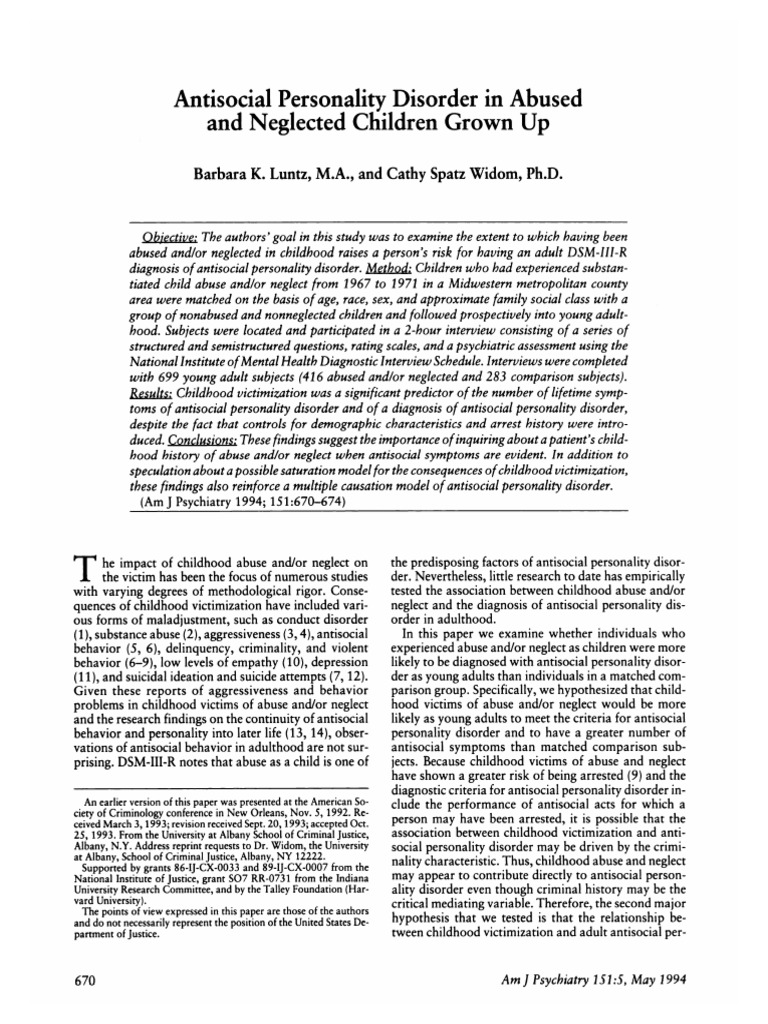 Antisocial Personality Disorder in Abused and Neglected Children Grown Up | PDF | Antisocial ...