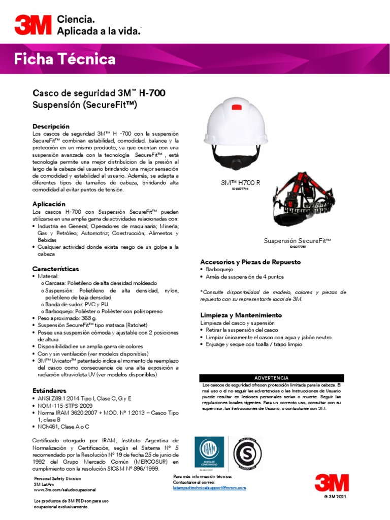 Ficha Técnica: Casco de Seguridad 3M H-700 Suspensión (Securefit™) | PDF | Casco