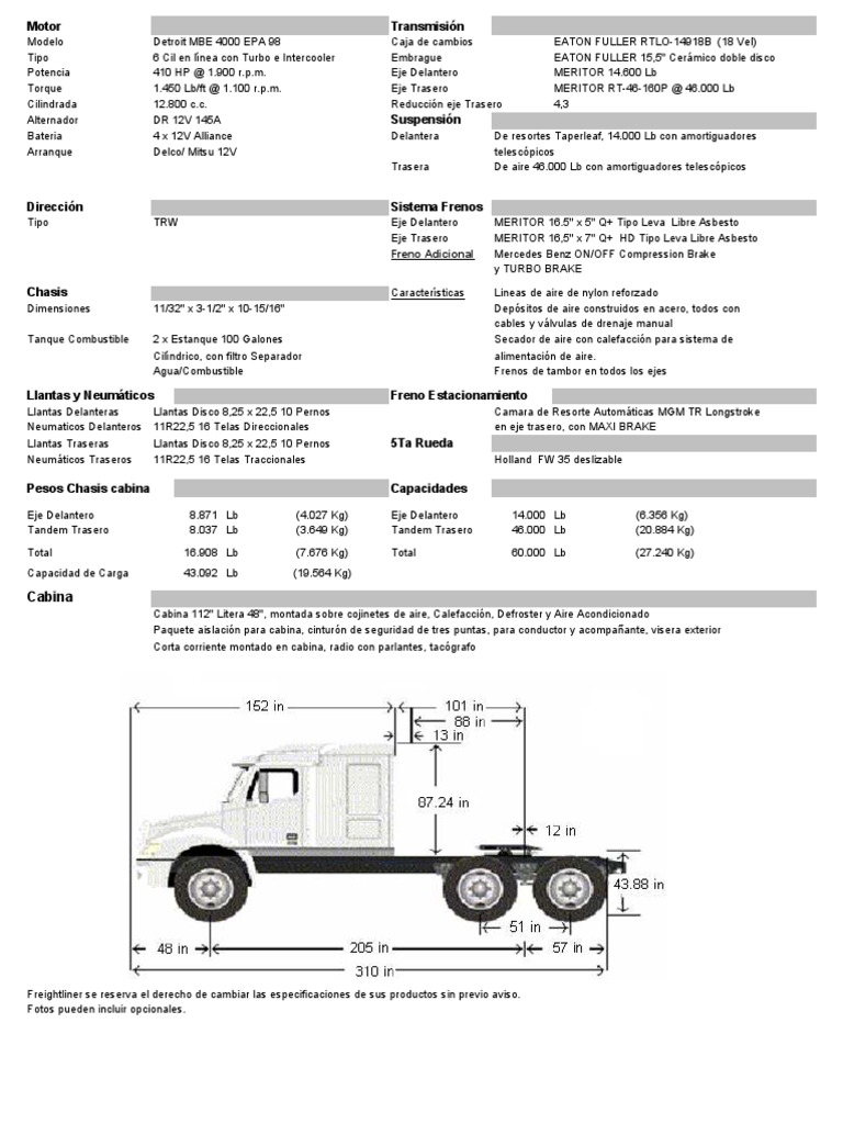 FICHA Freightliner - Tracto - CL - 112 - 6x4 - 60k - Mbe - 410 - 2 ...