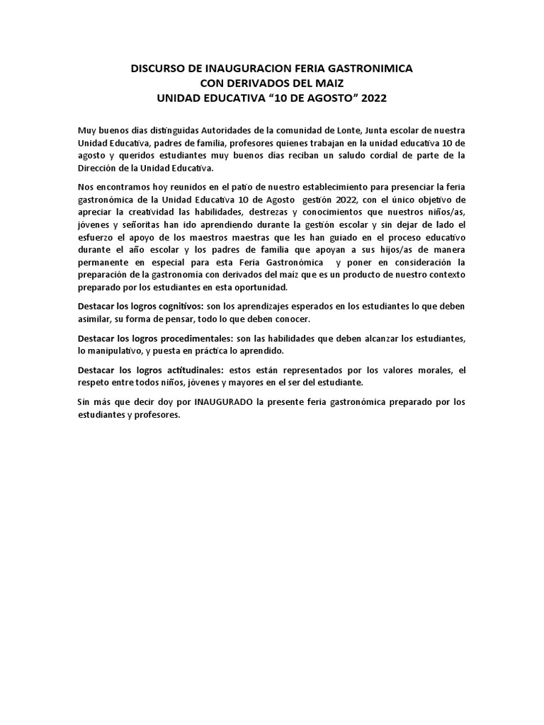 Discurso de Inauguracion Feria Gastronimica | PDF