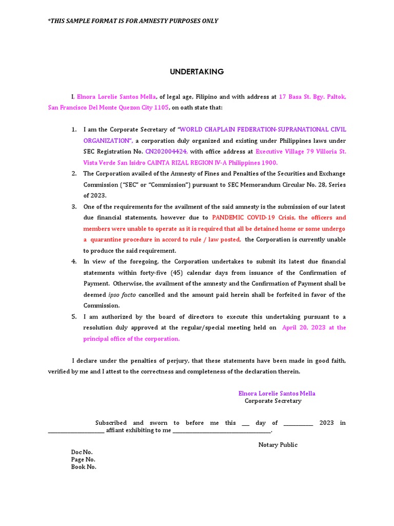 Undertaking - Copy Edited 01 | PDF | Affidavit | Government
