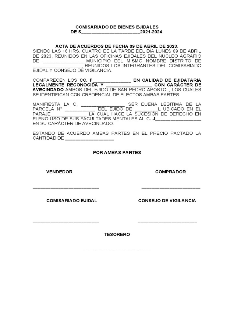 Acta de Acuerdos Comisariado Ejidal 2023 | PDF