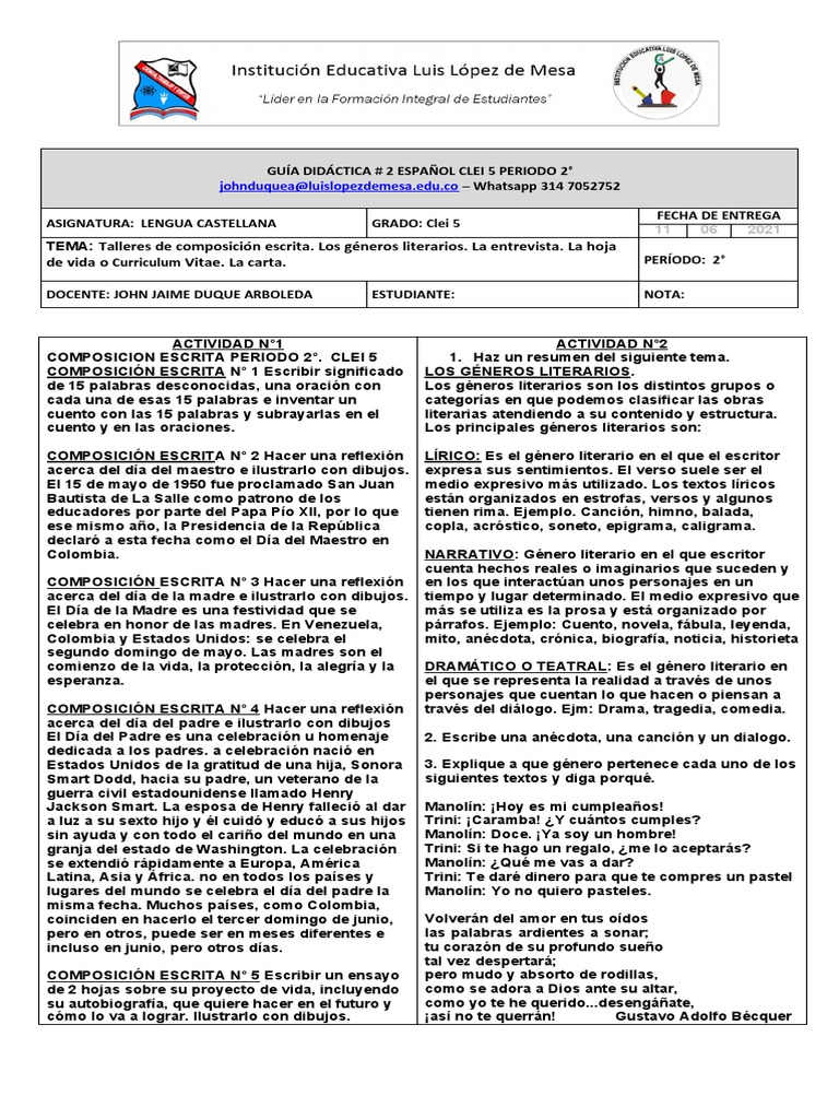GUÍA N°2 ESPAÑOL Clei 5 Periodo 2° | PDF