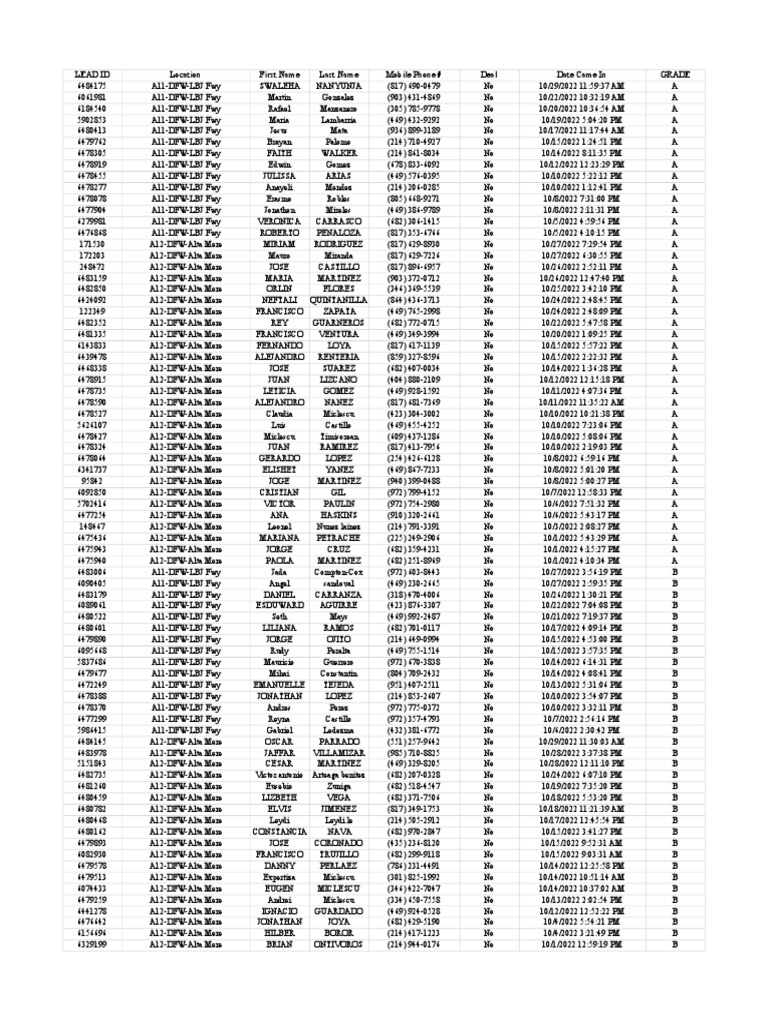 Lead Data for DFW Locations | PDF