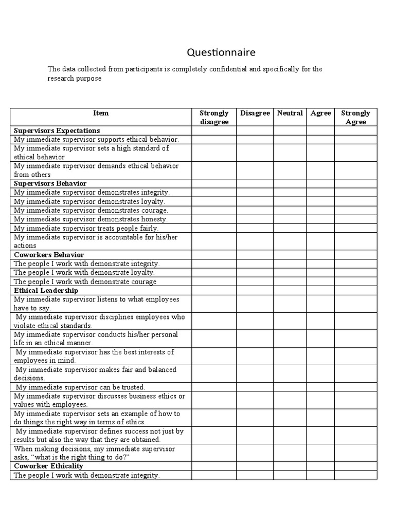 Questionnaire Ethical | PDF | Integrity | Business Ethics