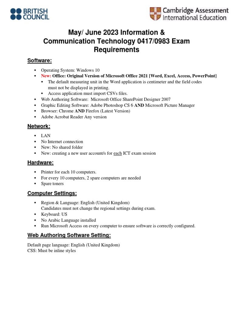 May - June 2023 ICT 0417-0983 Exam Requirements | PDF May - June 2023 ICT 0417-0983 Exam Requirements | PDF