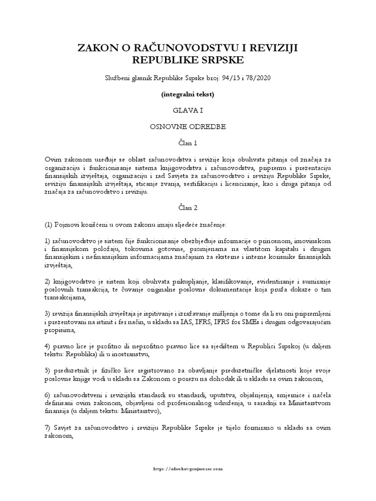 Zakon o Racunovodstvu I Reviziji Republike Srpske | PDF
