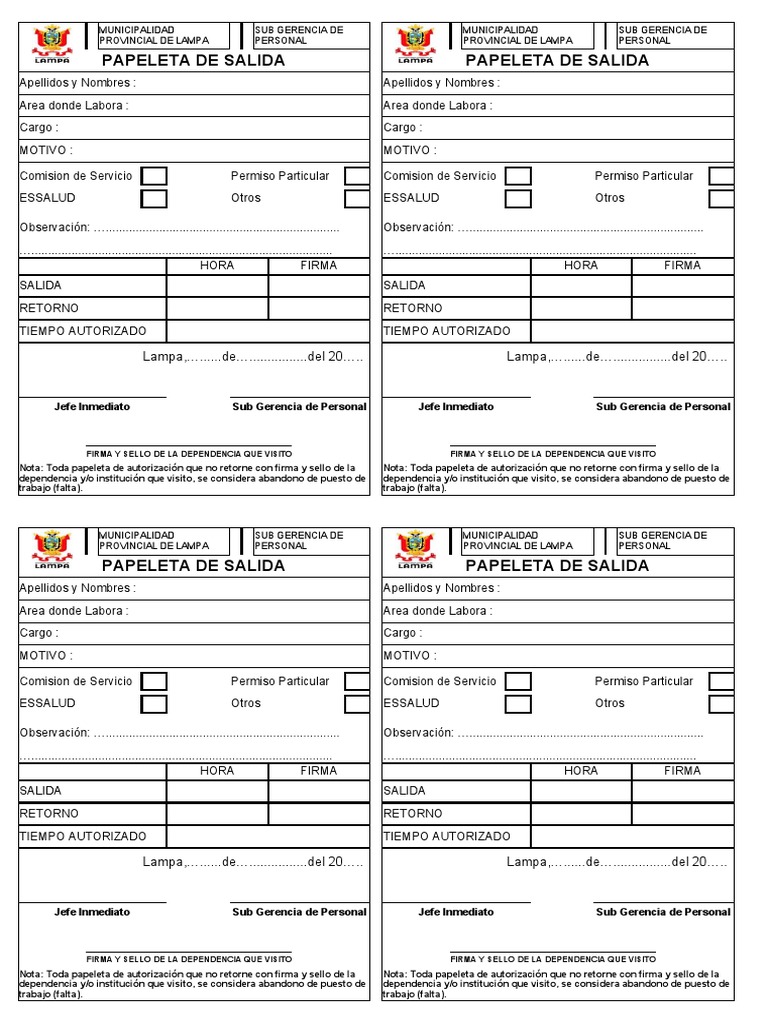 Modelo de Papeleta de Salida de Personal | PDF